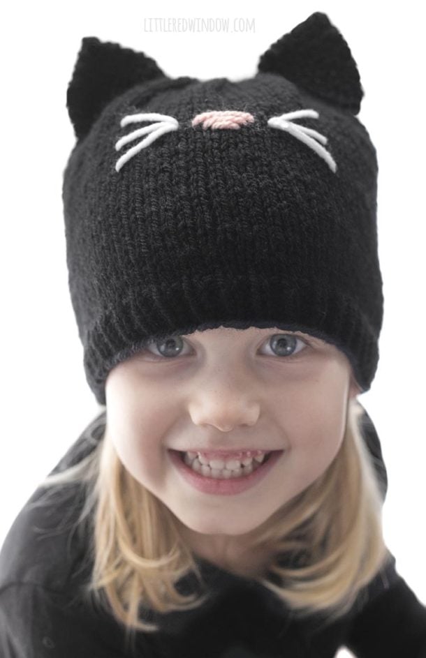 Halloween Black Cat Hat Knitting Pattern - Little Red Window