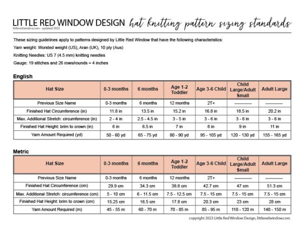 Hat Knitting Pattern Sizing Guide - Little Red Window