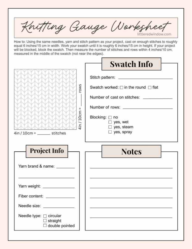 Free Printable Knitting Gauge Worksheet - Little Red Window